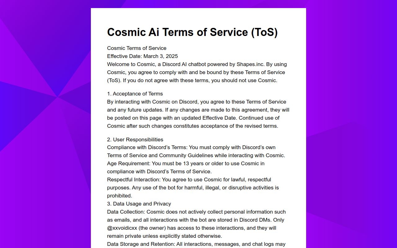 Cosmic Ai Terms of Service (ToS)
